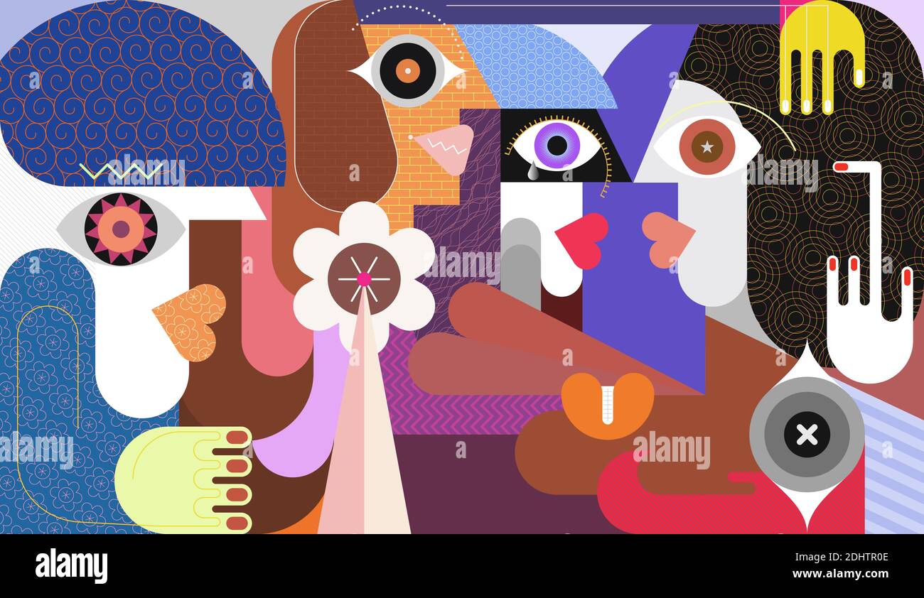 Group of young women talking to each other. Abstract modern art graphic ...