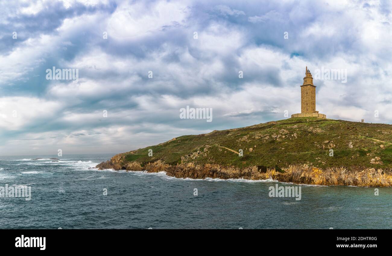A view of the Hercules Tower lighthouse in La Coruna in Galicia Stock ...