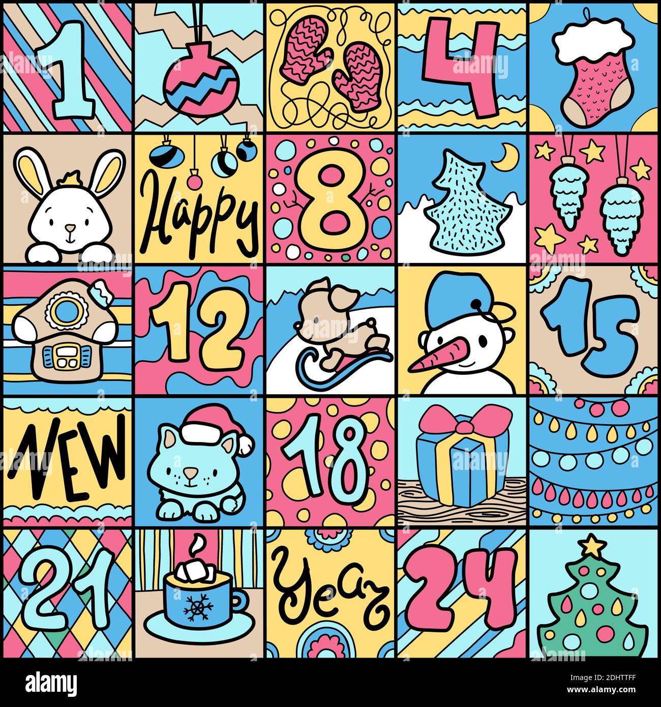 Cute doodle advent calendar with funny animals, square format for 25 ...
