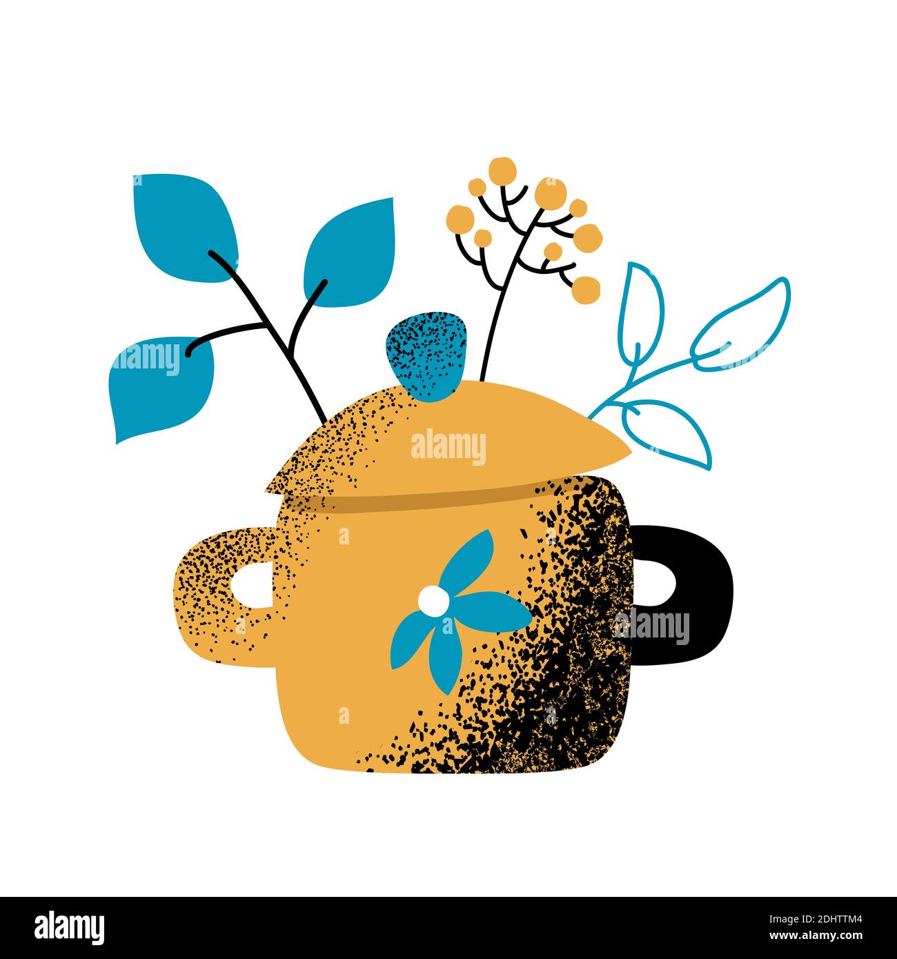 Cooking pot with cap and floral elements, vector illustration on white ...