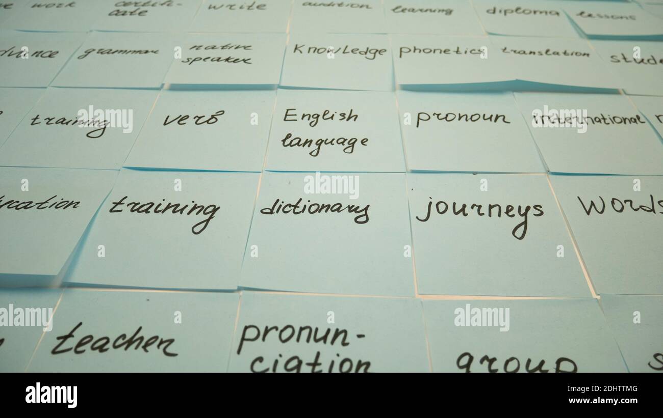 Learning english language tags on stickers. Education concept, blue ...