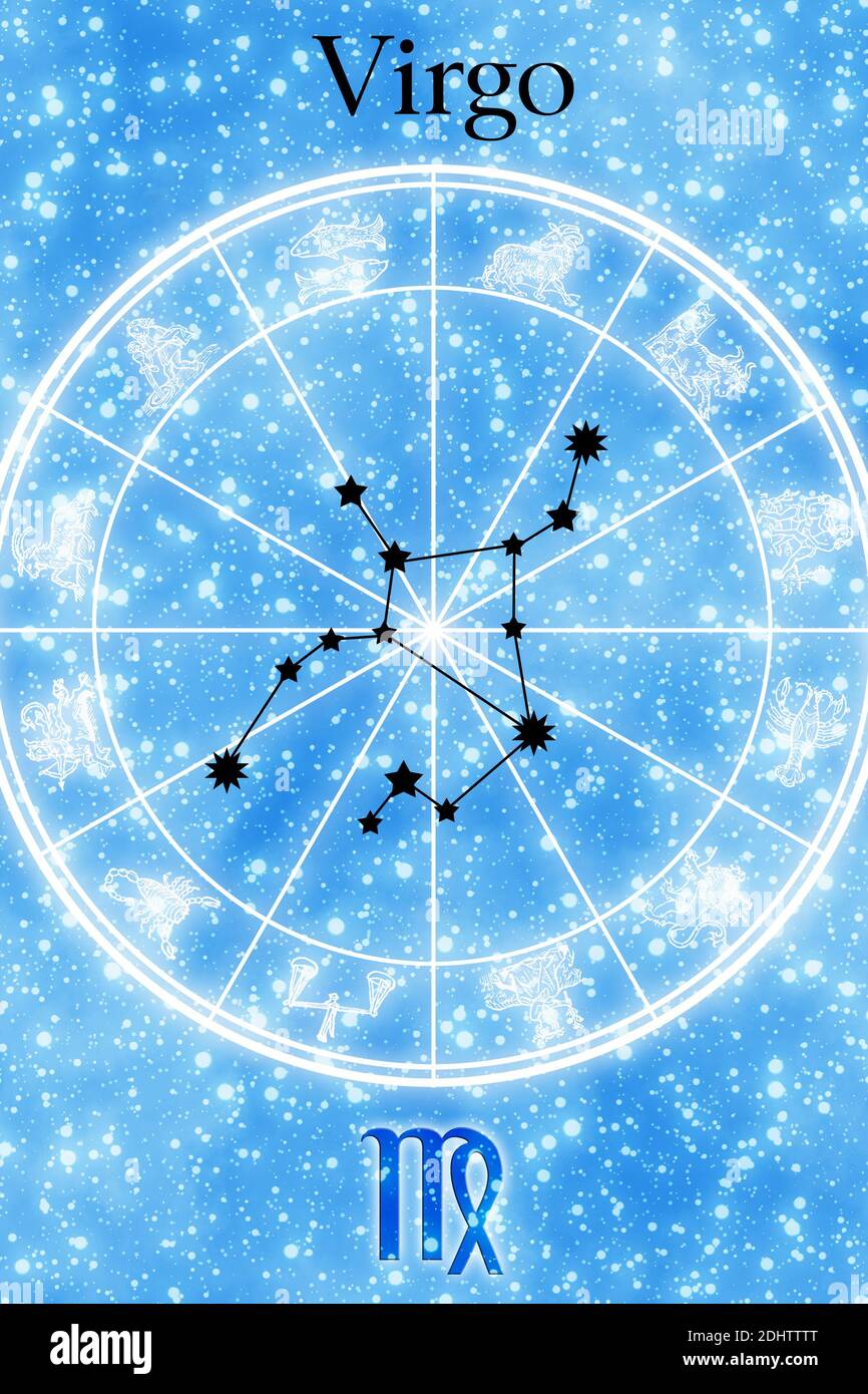 card with symbol, name and constellation of the zodiac sign of Virgo ...