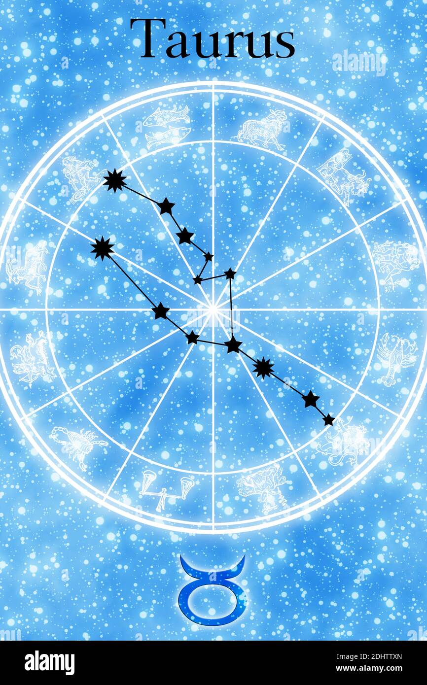 card with symbol, name and constellation of the zodiac sign of Taurus ...