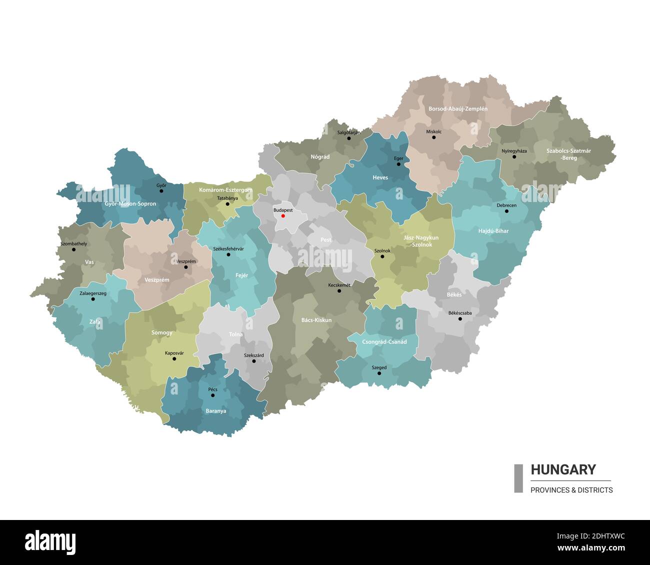 Hungary higt detailed map with subdivisions. Administrative map of ...