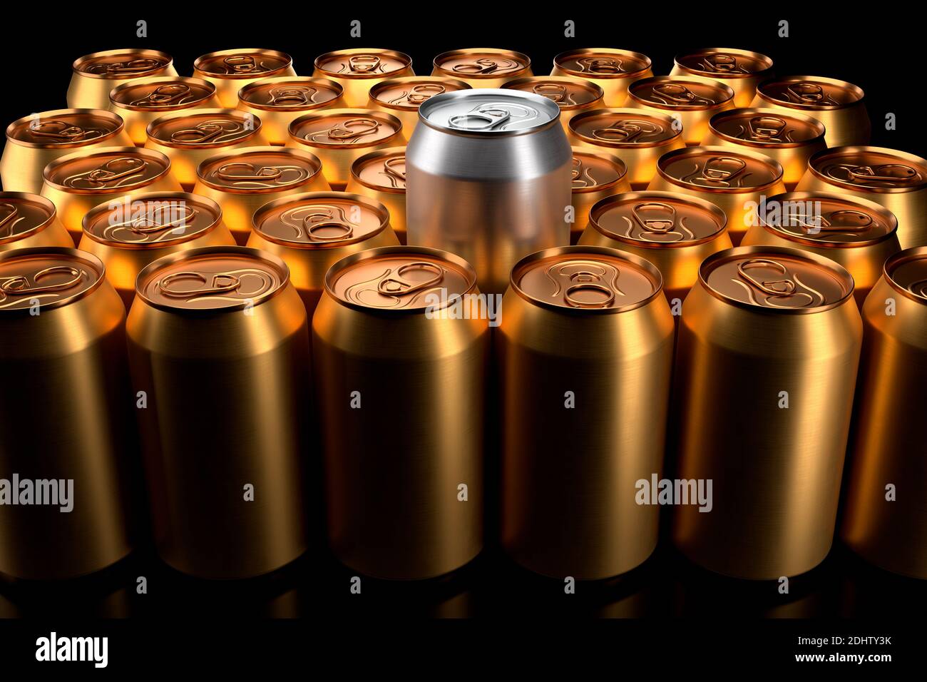 Unique silver can among group of golden recyclable cans cans. View from ...