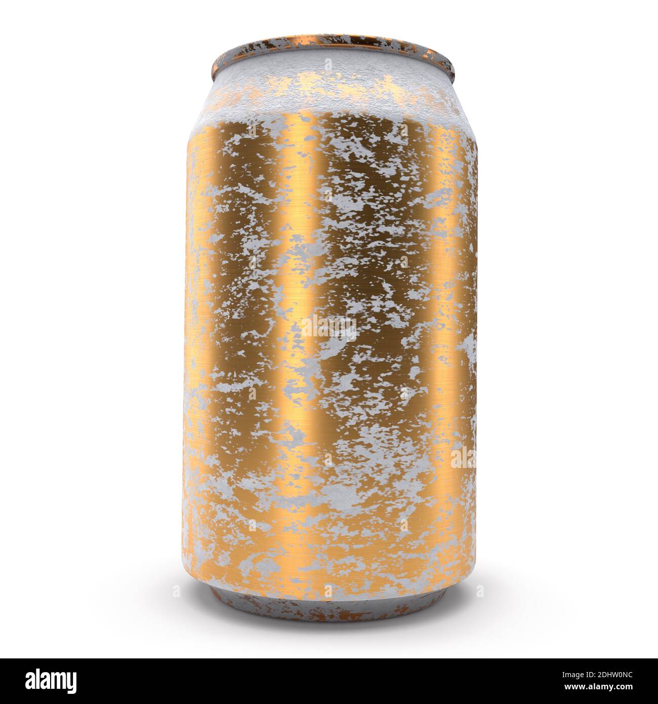 Gold frozen aluminum beer or soda can with frost isolated on white ...