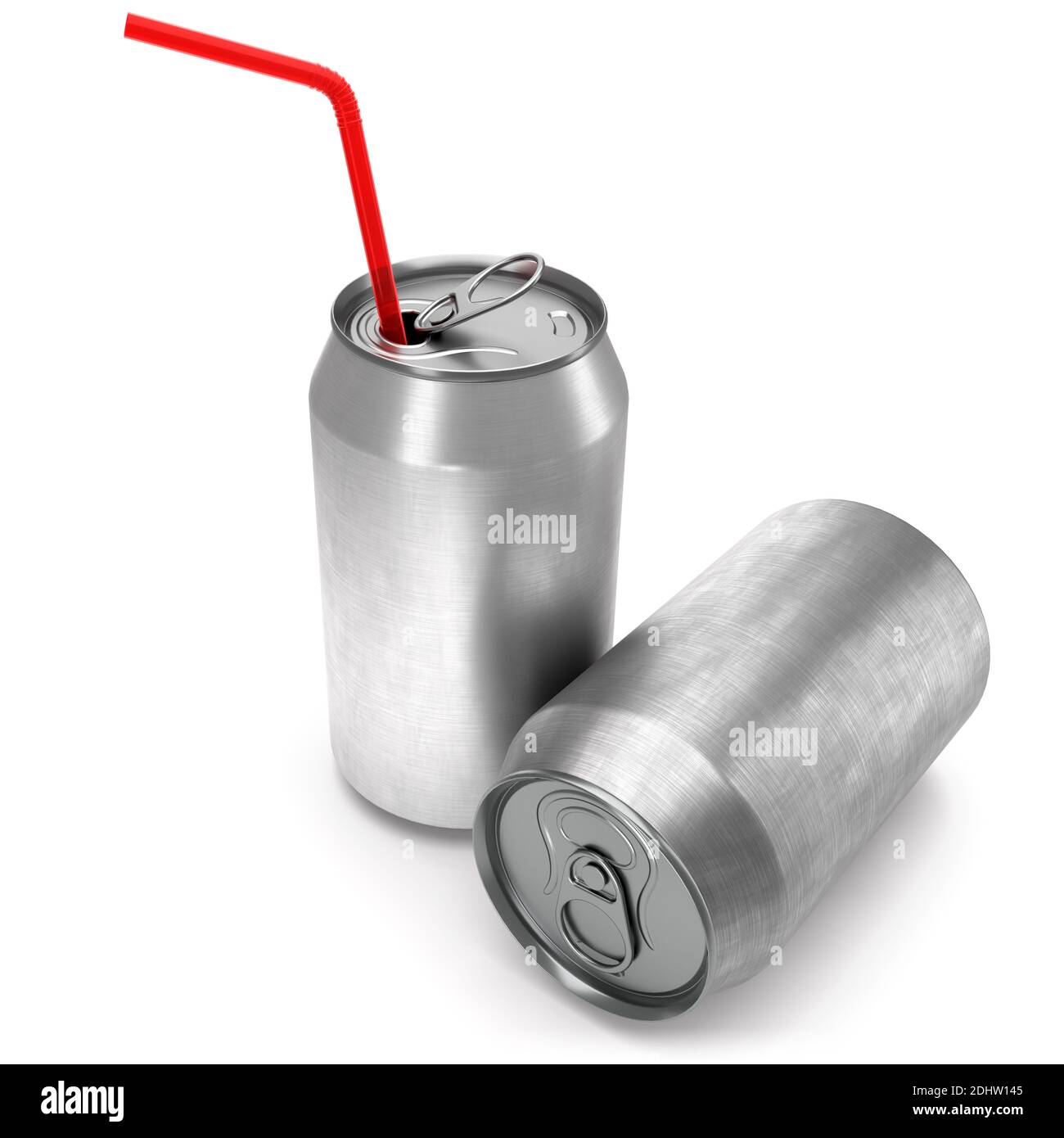 Silver aluminum beer or soda cans with red straw isolated on white ...