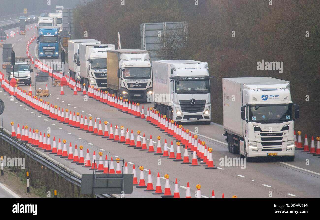 General view of freight lorries separated from other traffic on a Dover ...