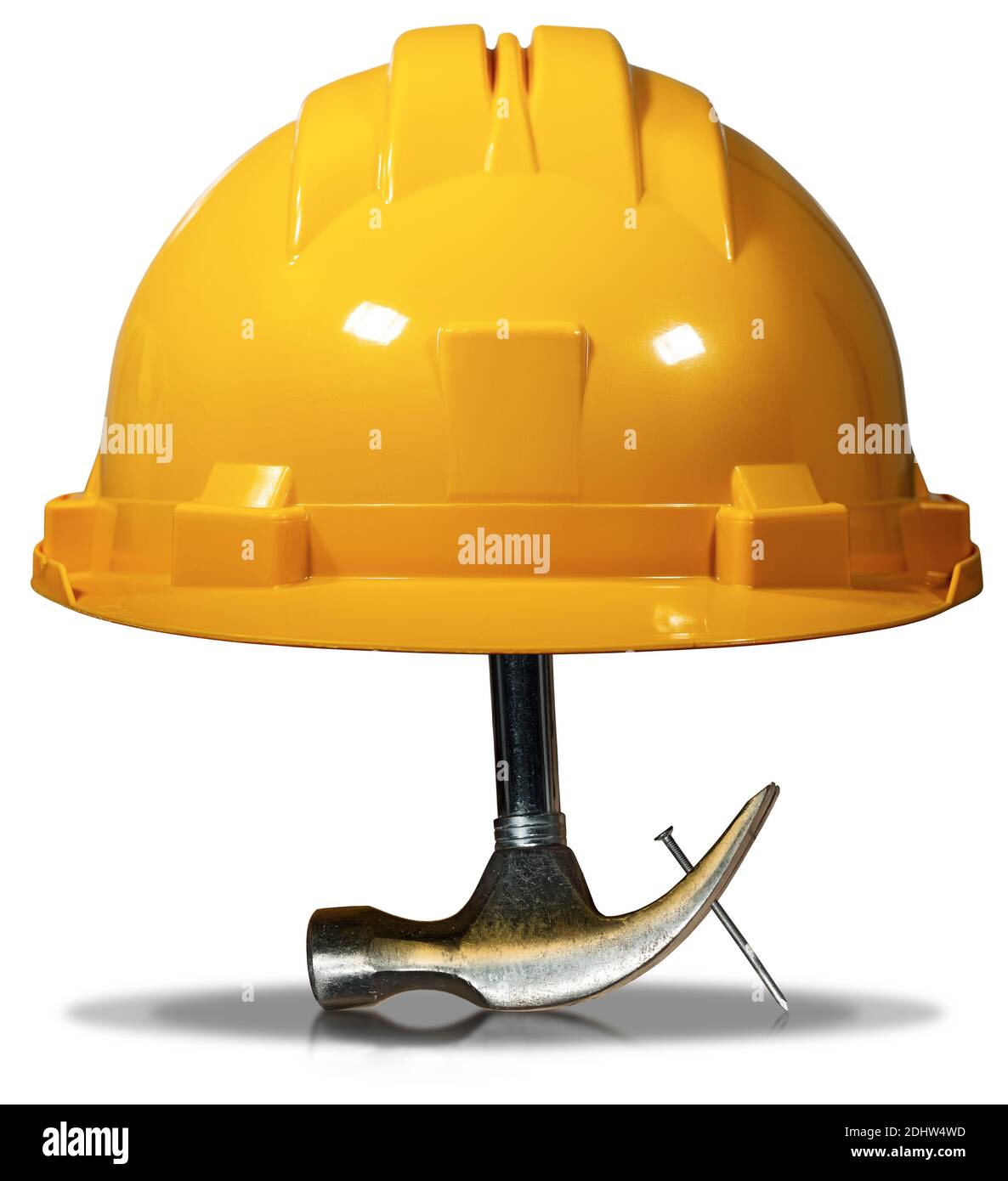 Yellow and orange safety helmet with a hammer that removes a nail ...
