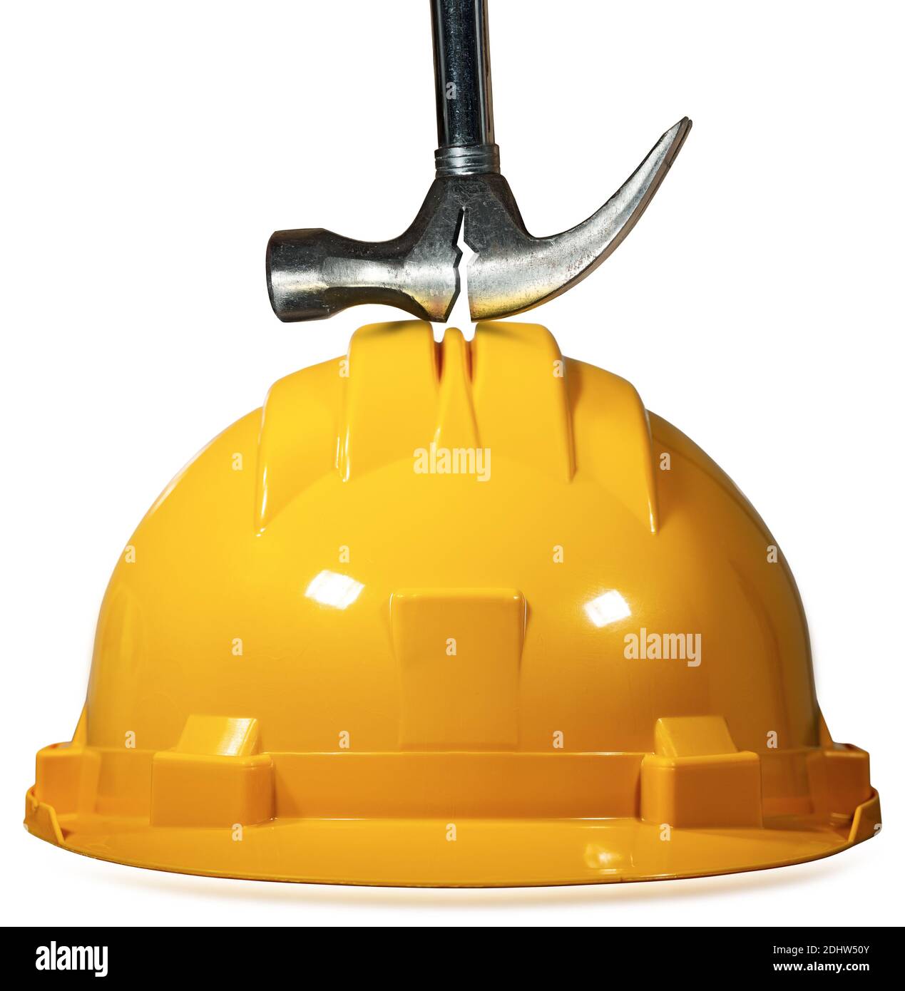 Yellow and orange safety helmet with a broken hammer on it, isolated on ...