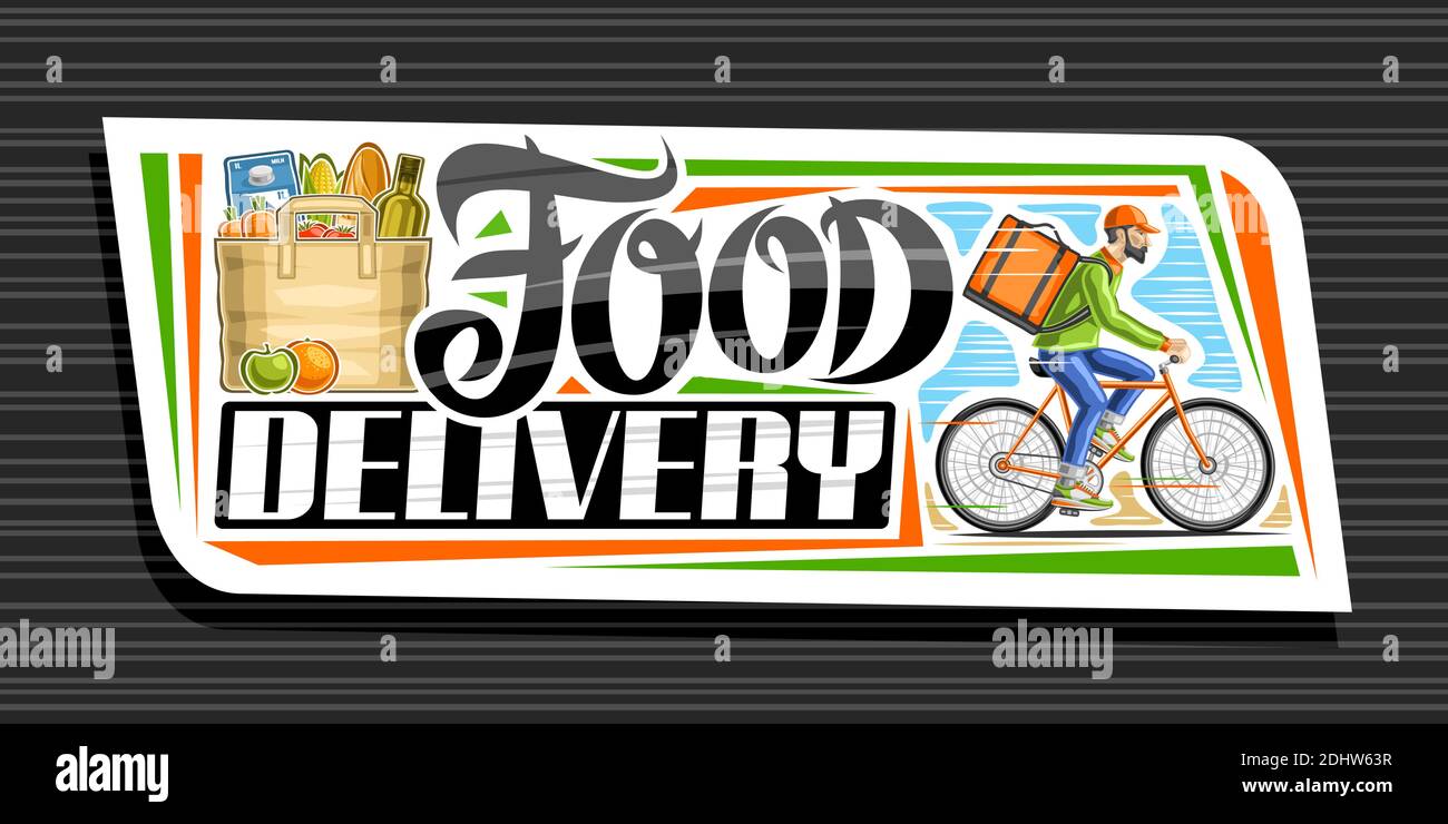 Vector banner for Food Delivery, white decorative signage with ...