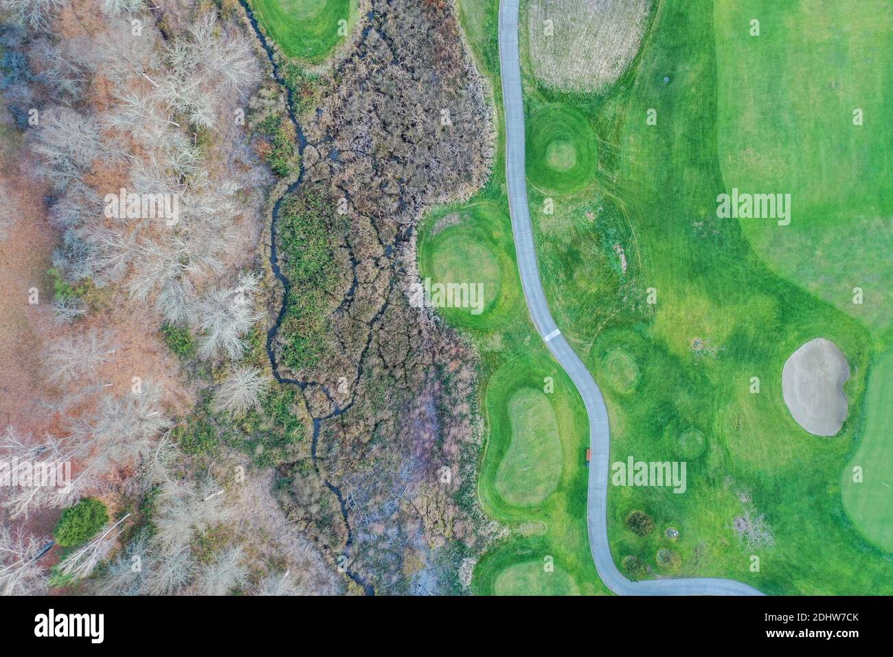 Above view of a green field next to an autumn forest Stock Photo - Alamy