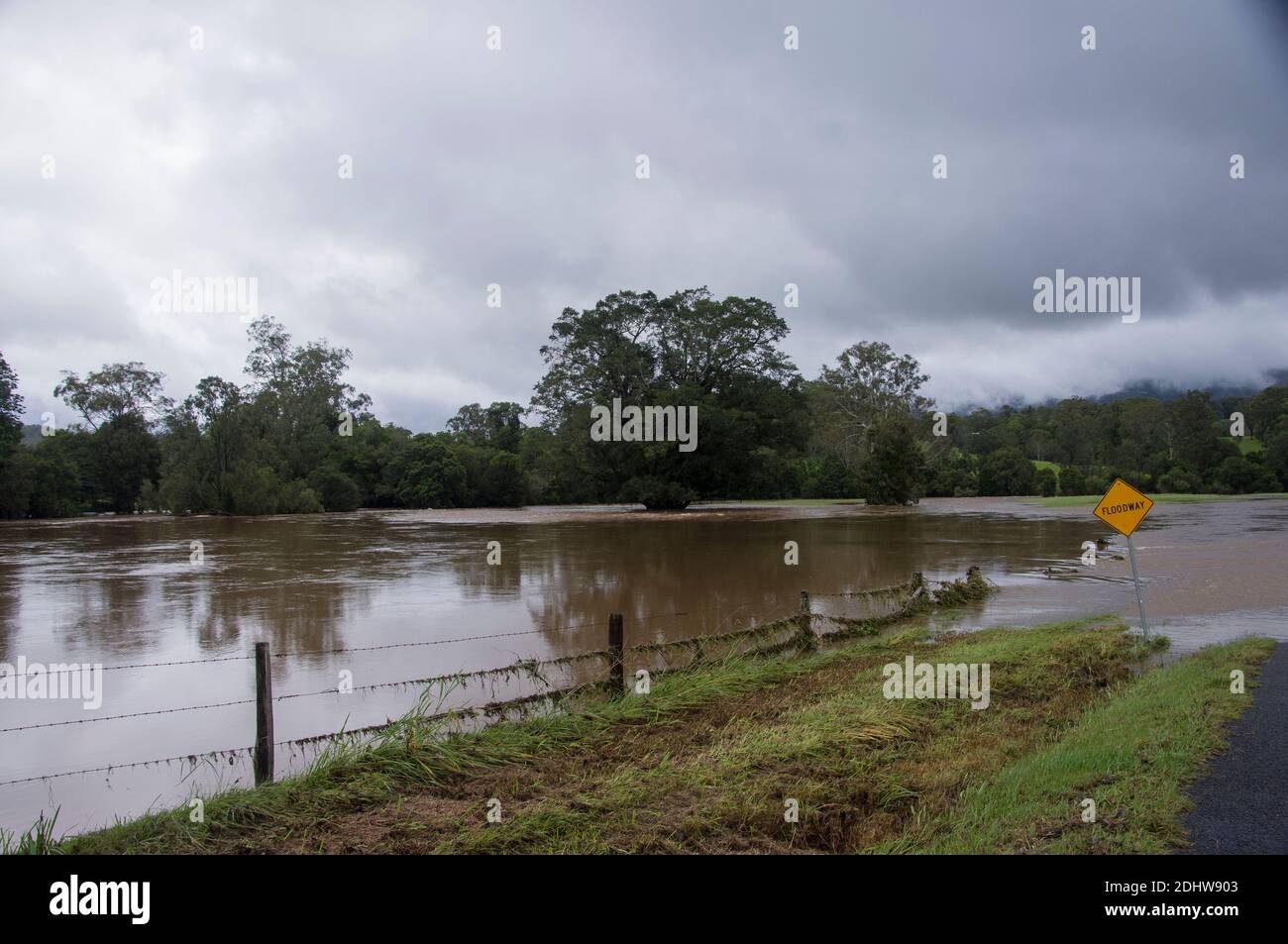 River bursting its banks and flooding surrounding farmland and blocking road. Coomera River in ...