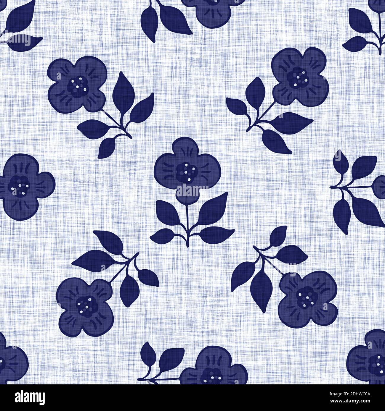 Indigo blue flower block print dyed linen texture background. Seamless ...