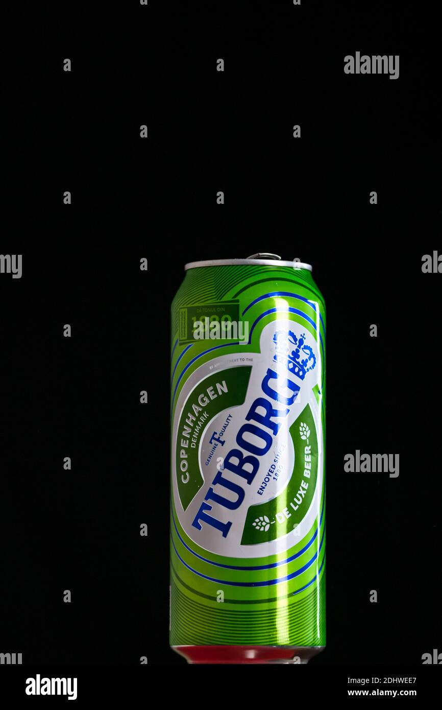 Tuborg Danish beer in a tin aluminum can. Detail photo of beer can in ...