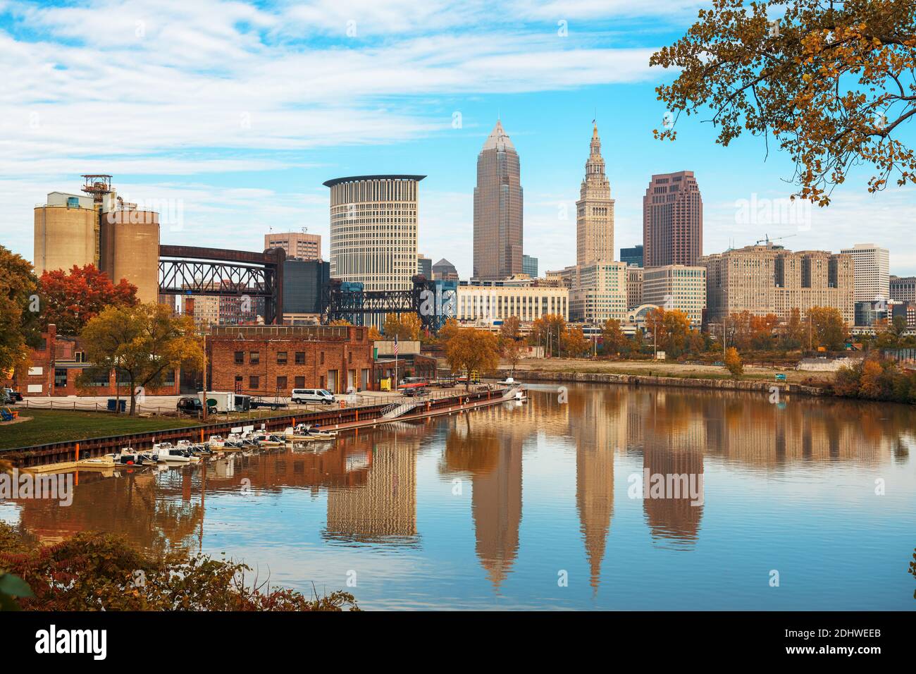 Cleveland, Ohio, USA skyline on the Cuyahoga River in autumn Stock ...