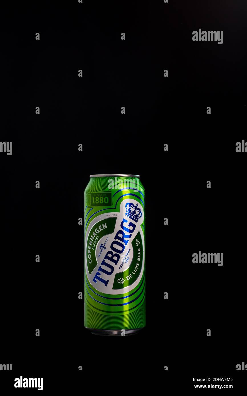 Tuborg beer can isolated on black background. Bucharest, Romania, 2020 ...