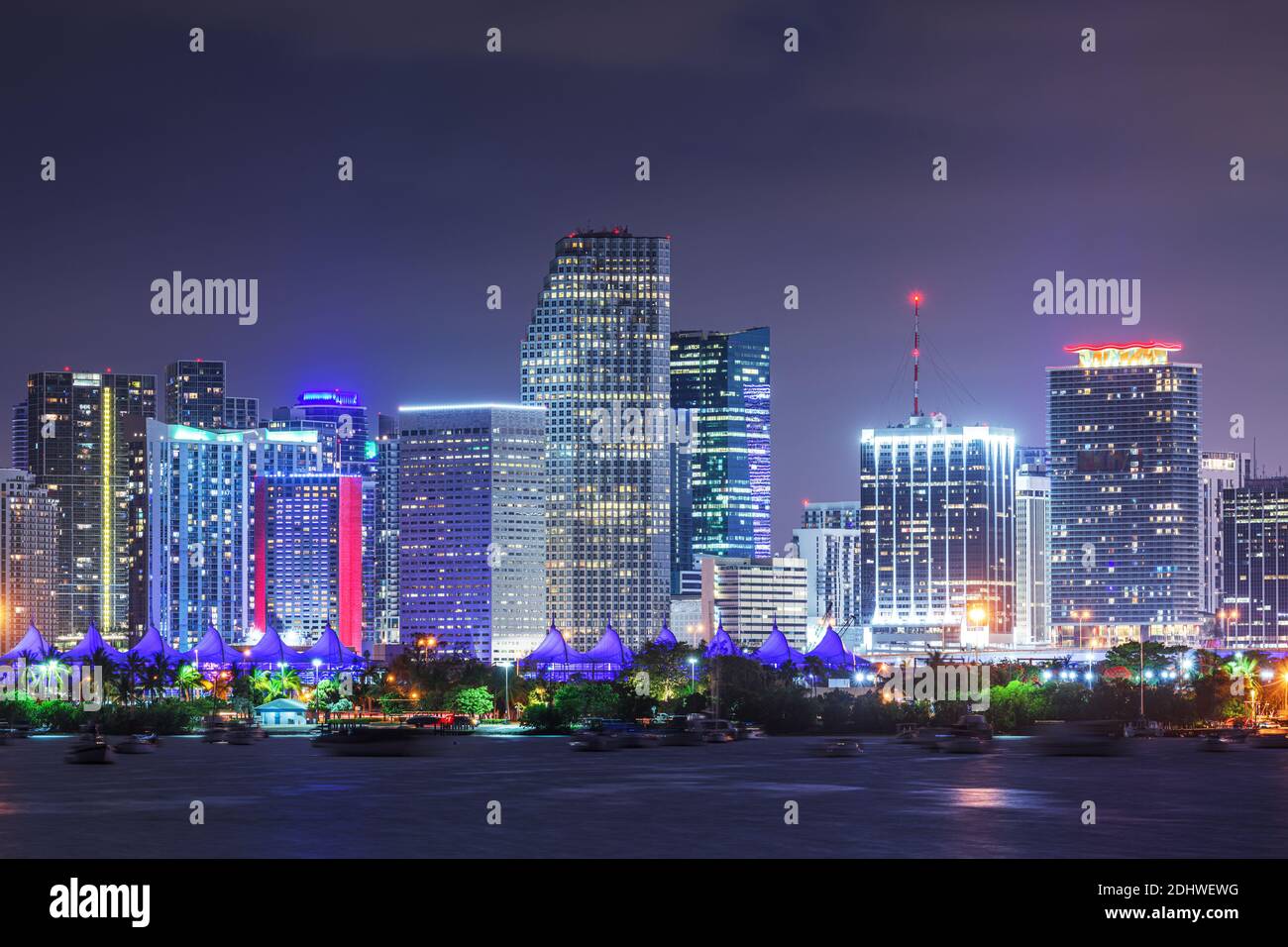 Miami, Florida, USA downtown skyline from across the Biscayne Bay at ...