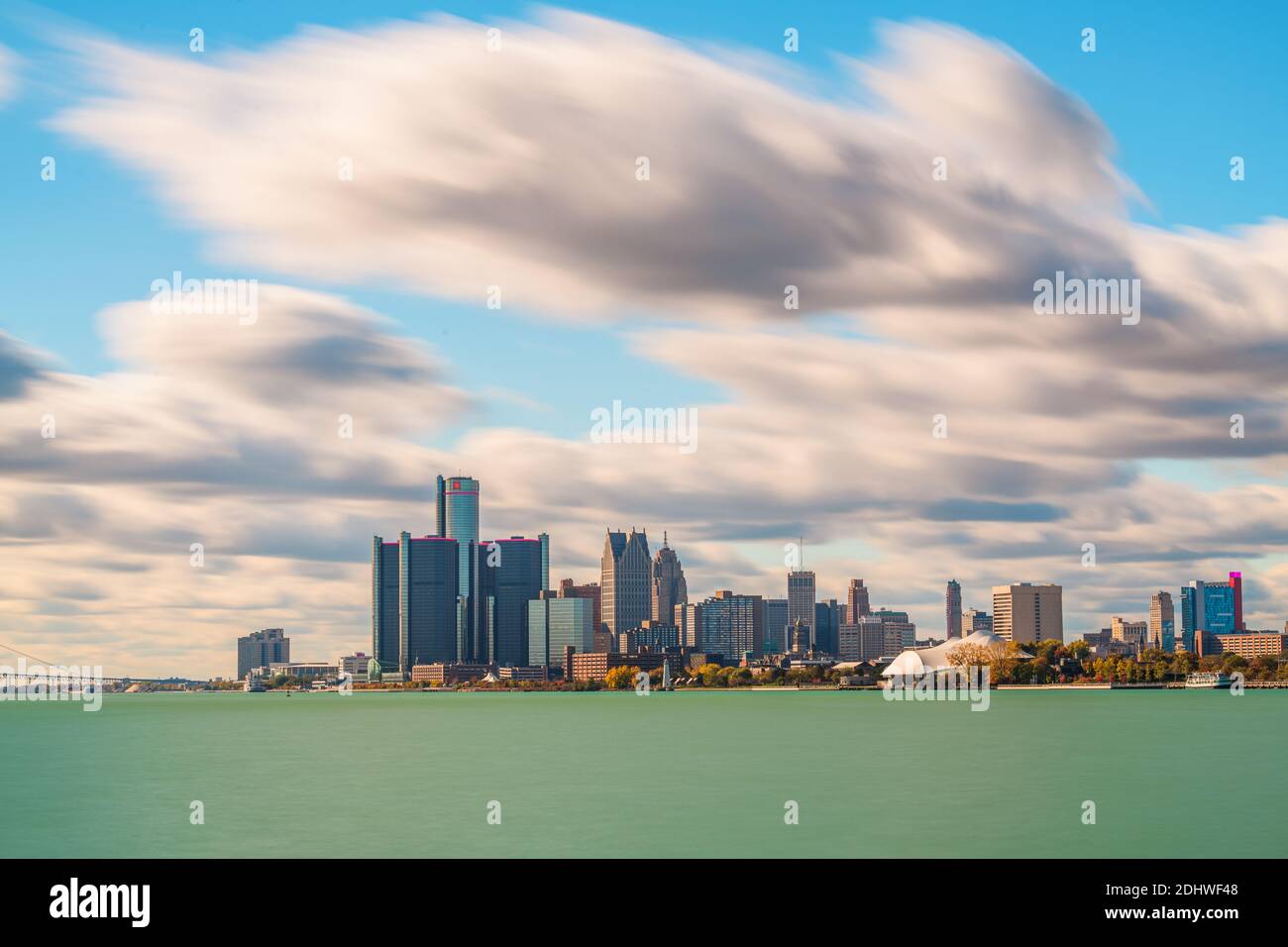 Detroit, Michigan, USA downtown city skyline on the Detroit River Stock ...