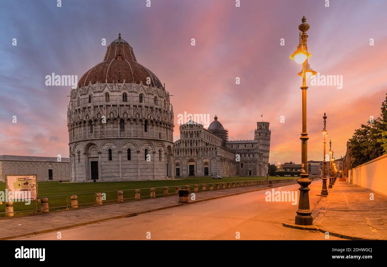 Landscape with Cathedral and the Leaning Tower of Pisa at sunset ...