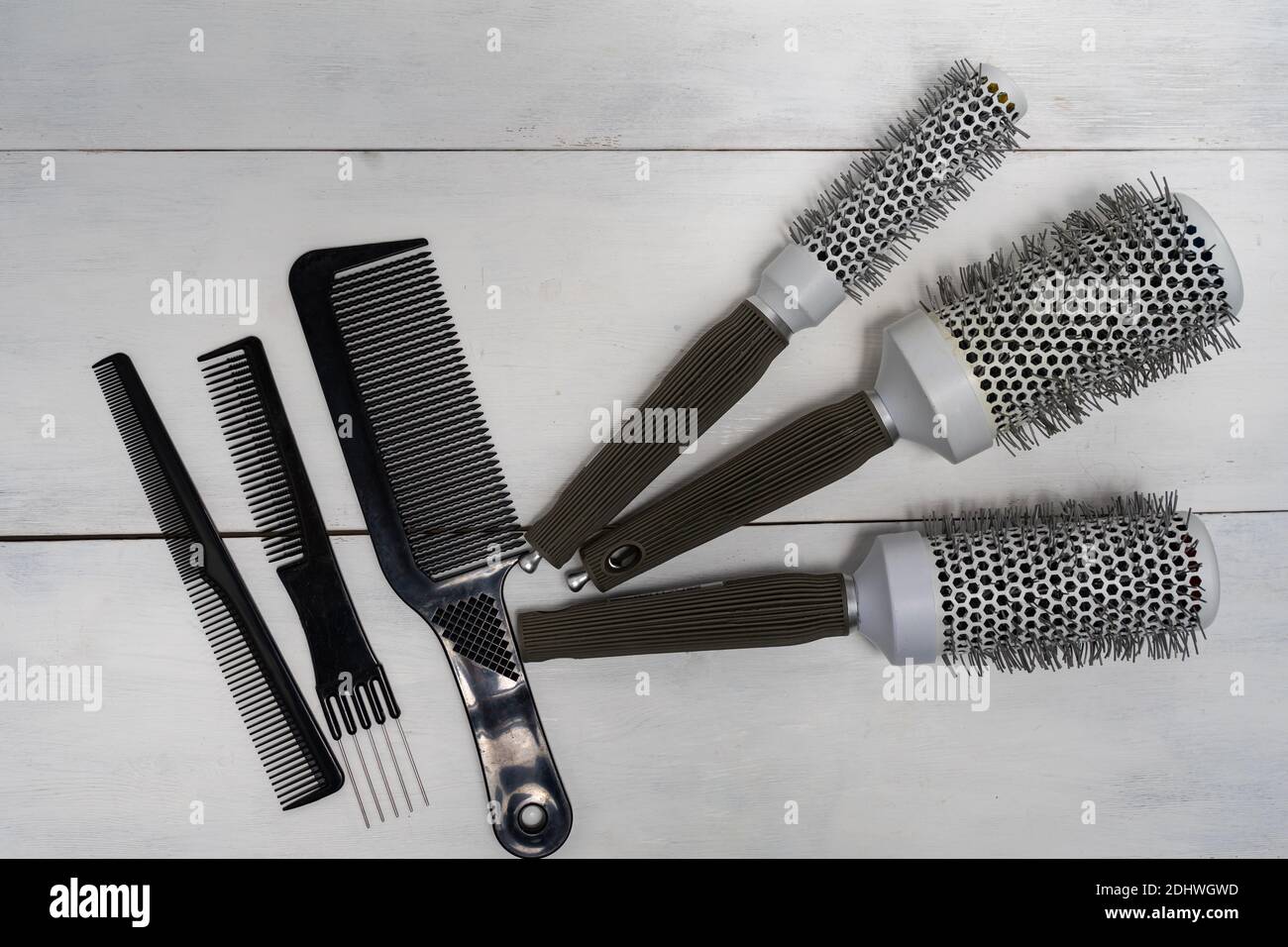 set of professional hairdresser combs. flat lay, top view Stock Photo ...