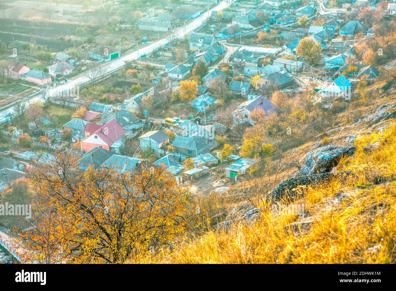 Aerial view over the village . Panorama of Trebujeni village famous ...