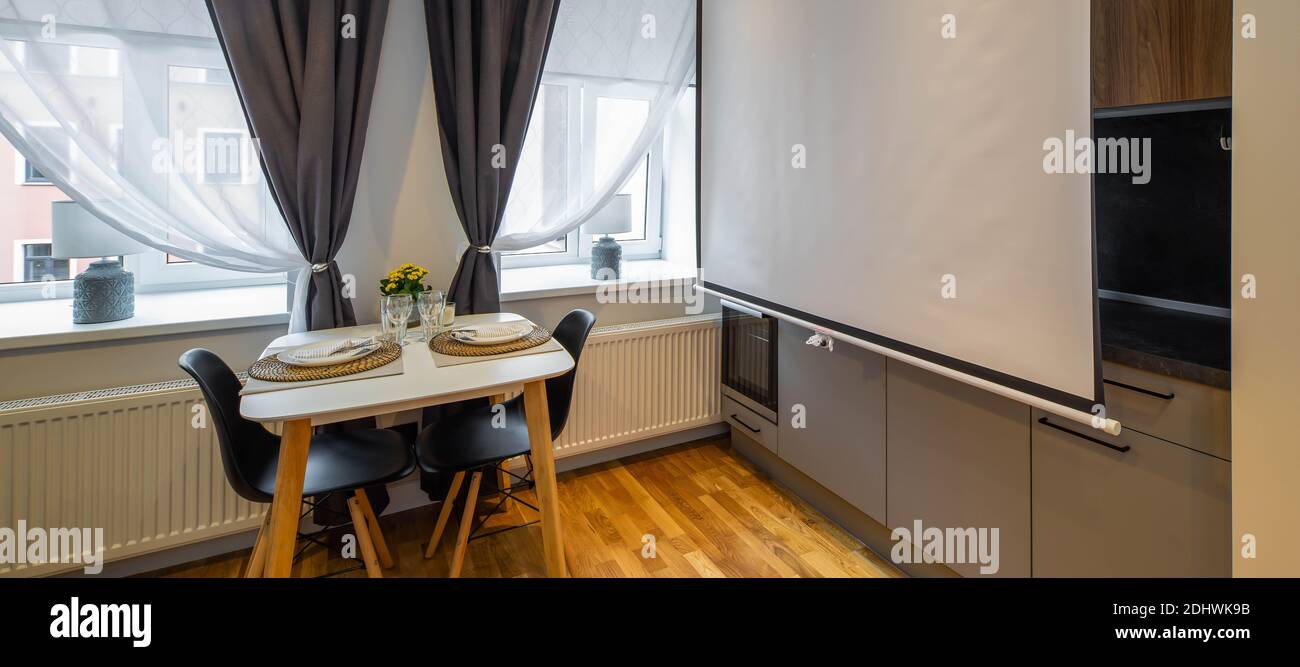 Contemporary interior of modern studio apartment. Kitchen set. Wooden ...