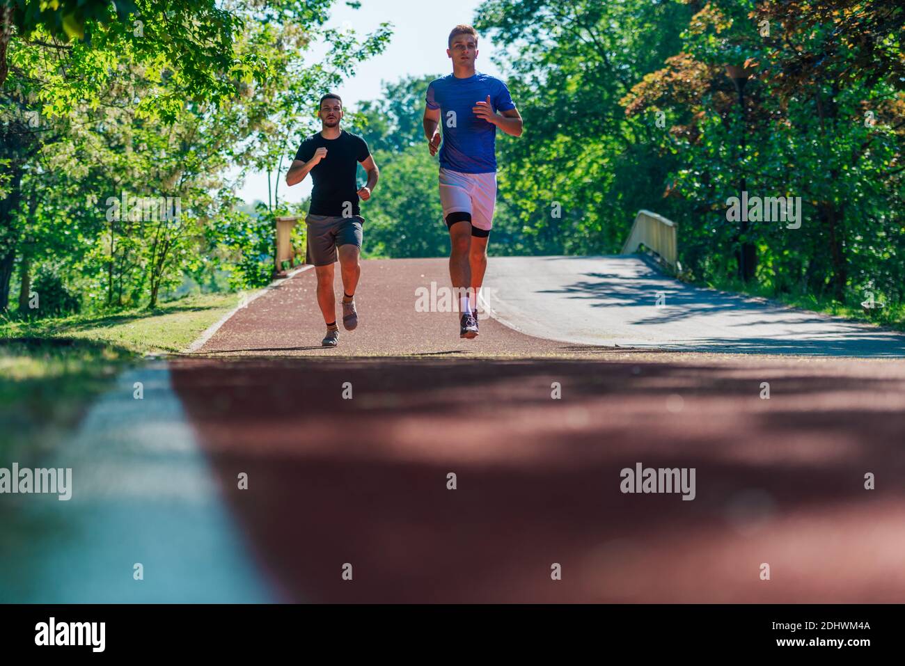 Two healthy young men running in the park on a sunny day Stock Photo ...