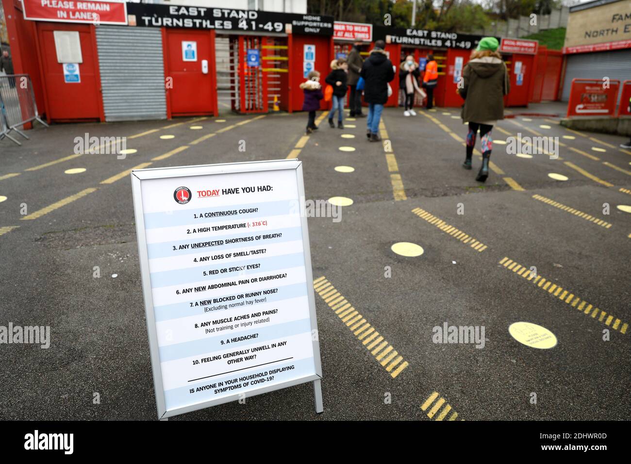 Coronavirus prevention signage outside the stadium for fans before the ...