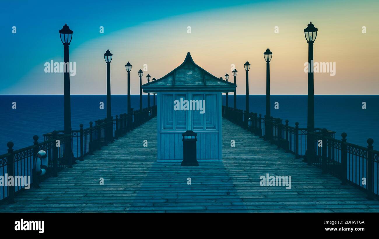 Marine landscape. Pier, with street lamps Stock Photo - Alamy