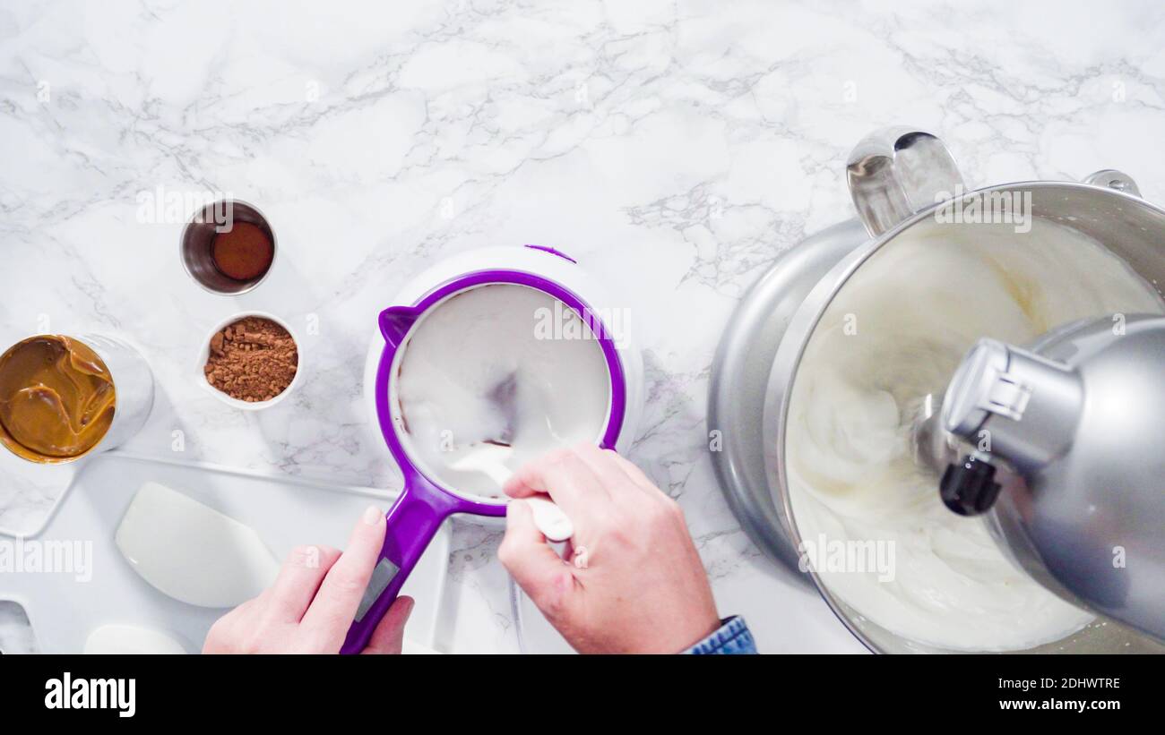Flat lay. Step by step. Preparing homemade chocolate ice cream in a ...