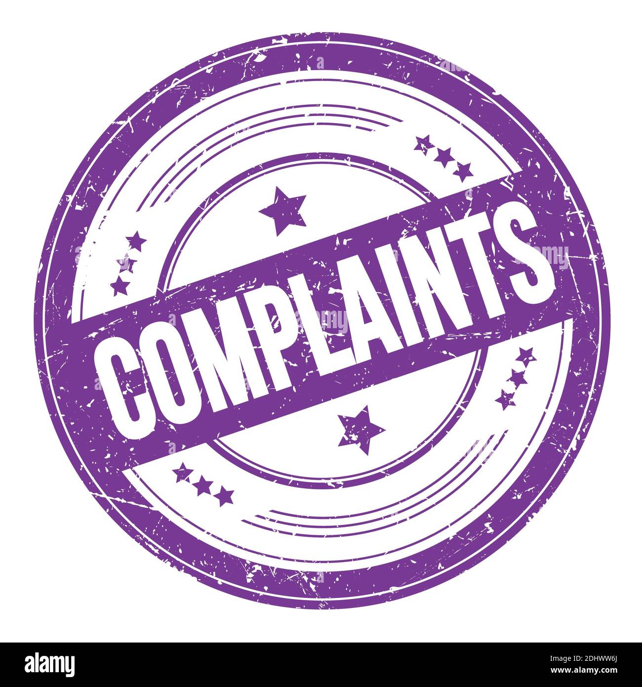 COMPLAINTS text on violet indigo round grungy texture stamp Stock Photo ...