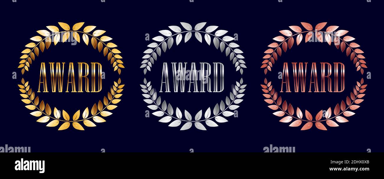 Golden, silver and bronze Award Laurel Wreath isolated on dark ...