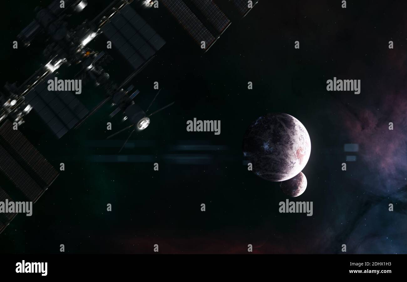 Distant planets in the depths of dark space. Space station blurred in ...
