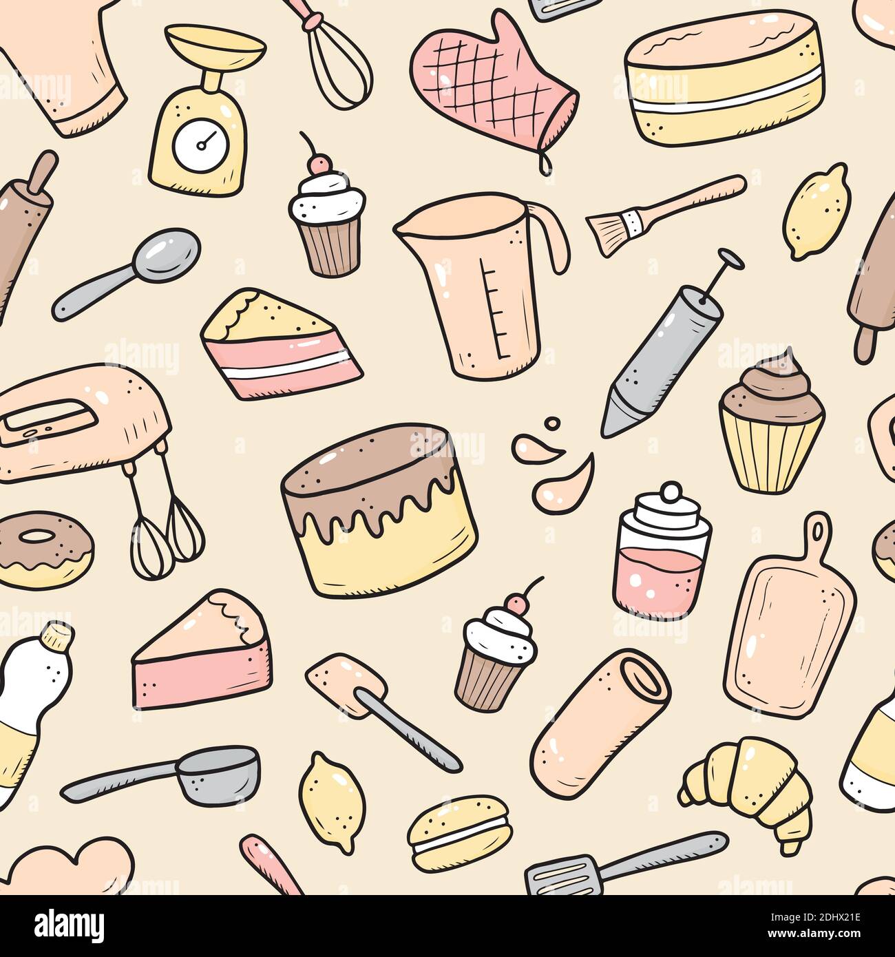 Hand drawn seamless pattern of baking and cooking tools, mixer, cake ...