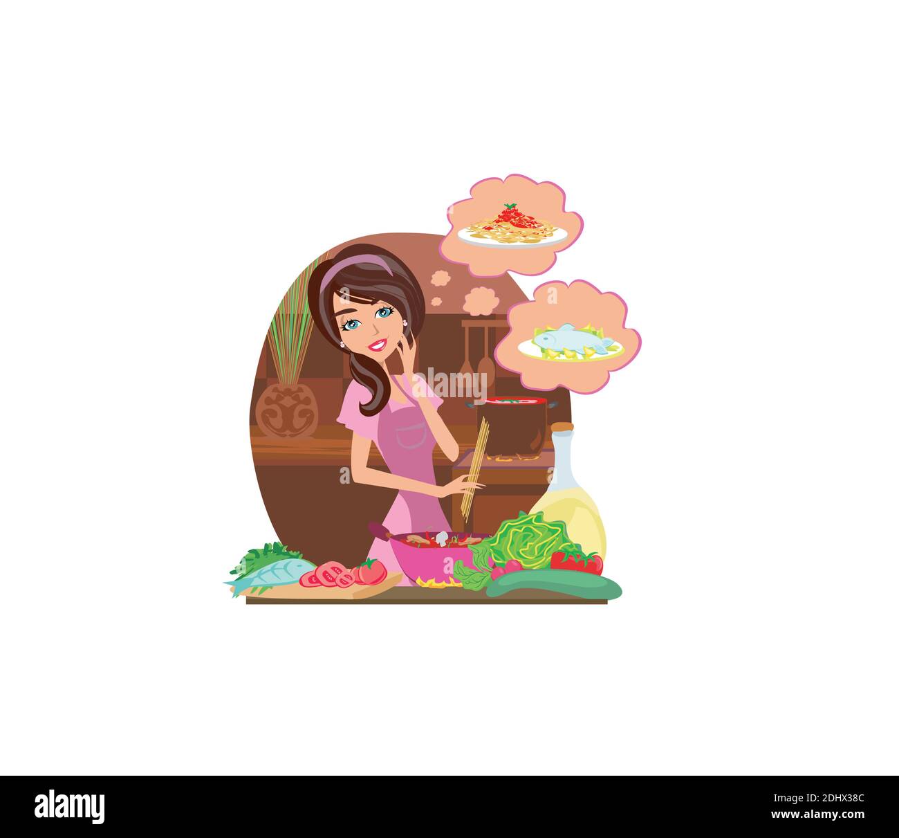 Beautiful Housewife cooking dinner in the kitchen Stock Vector Image ...
