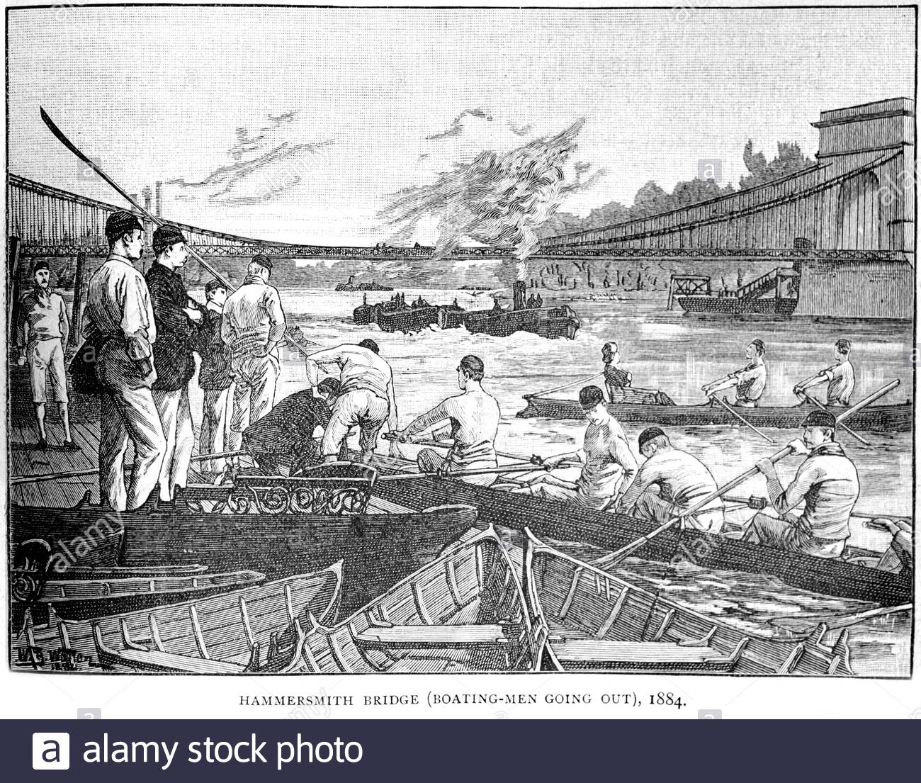 Boating under Hammersmith Bridge, London, vintage illustration from ...