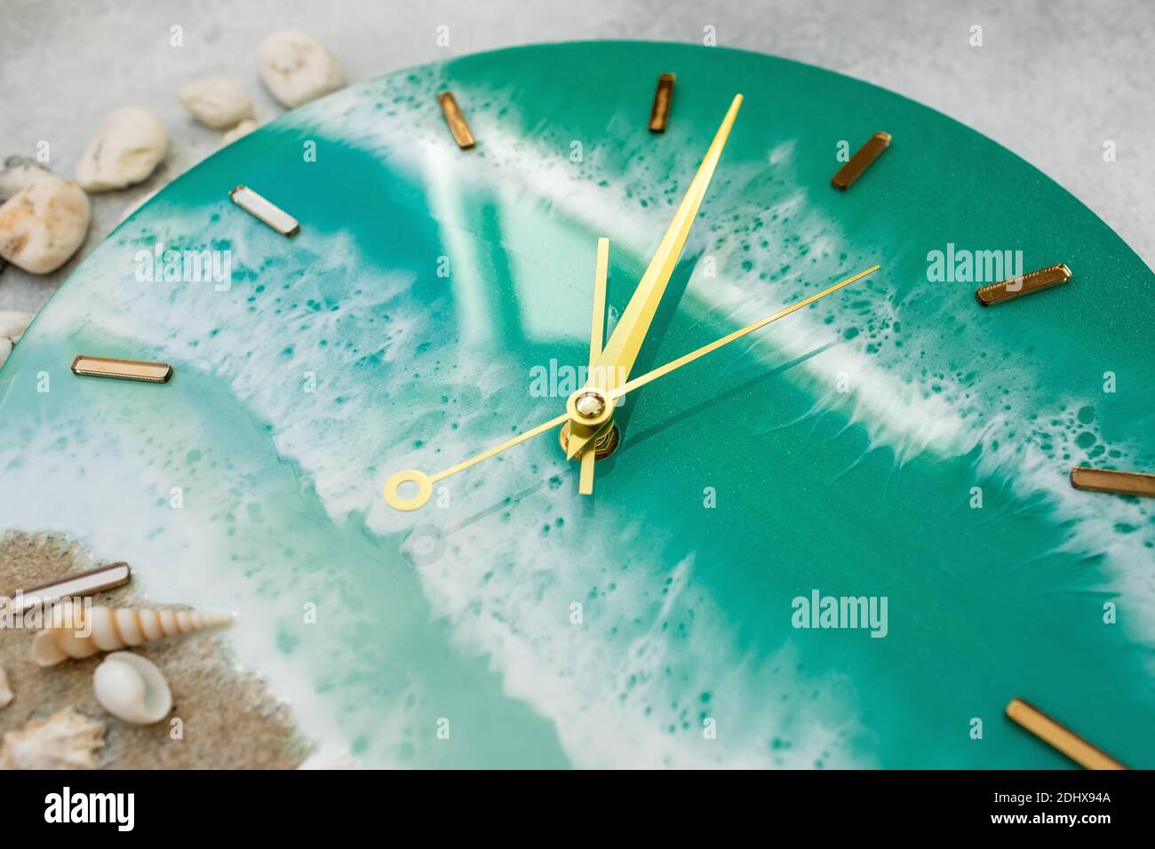 Wall clock with clock hands made of resin art with sea waves and beach ...