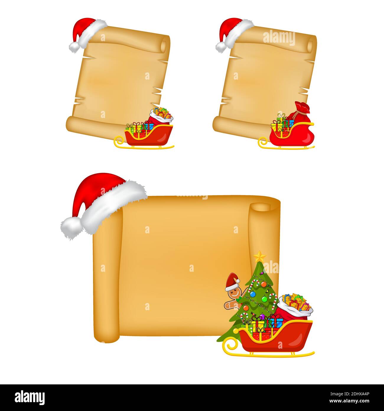 Parchment papyrus paper scroll for christmas set. Collection of empty ...