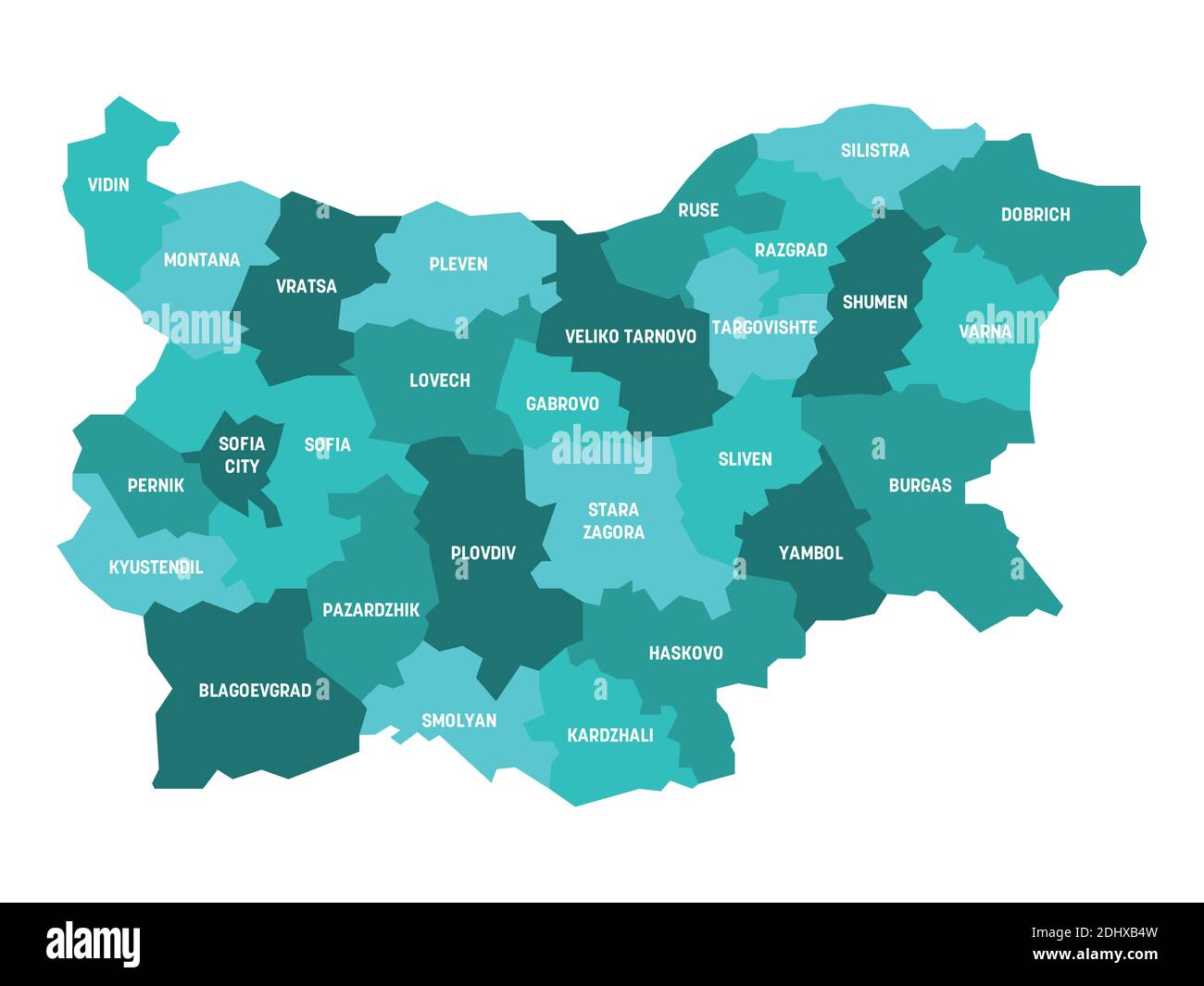 Turquoise blue political map of Bulgaria. Administrative divisions ...