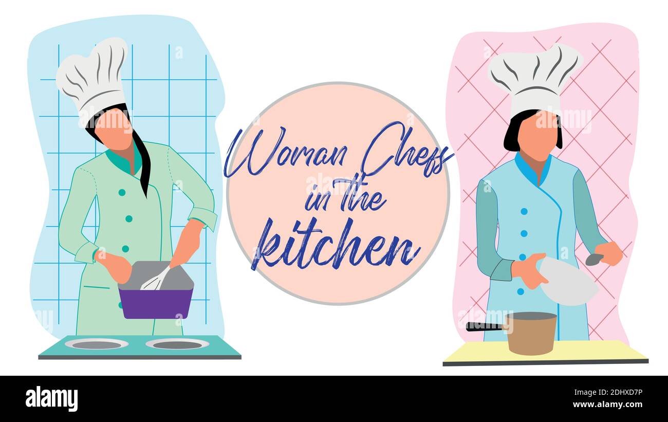 Two different woman chef in the kitchen editable vector illustrations ...