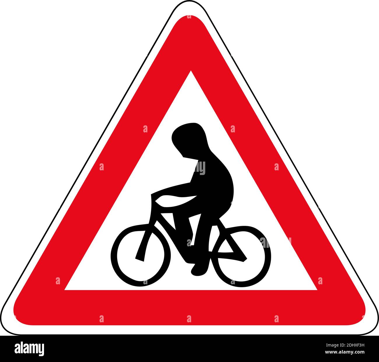 Vector icon road sign cyclist in red triangle. Sign caution cyclist on ...