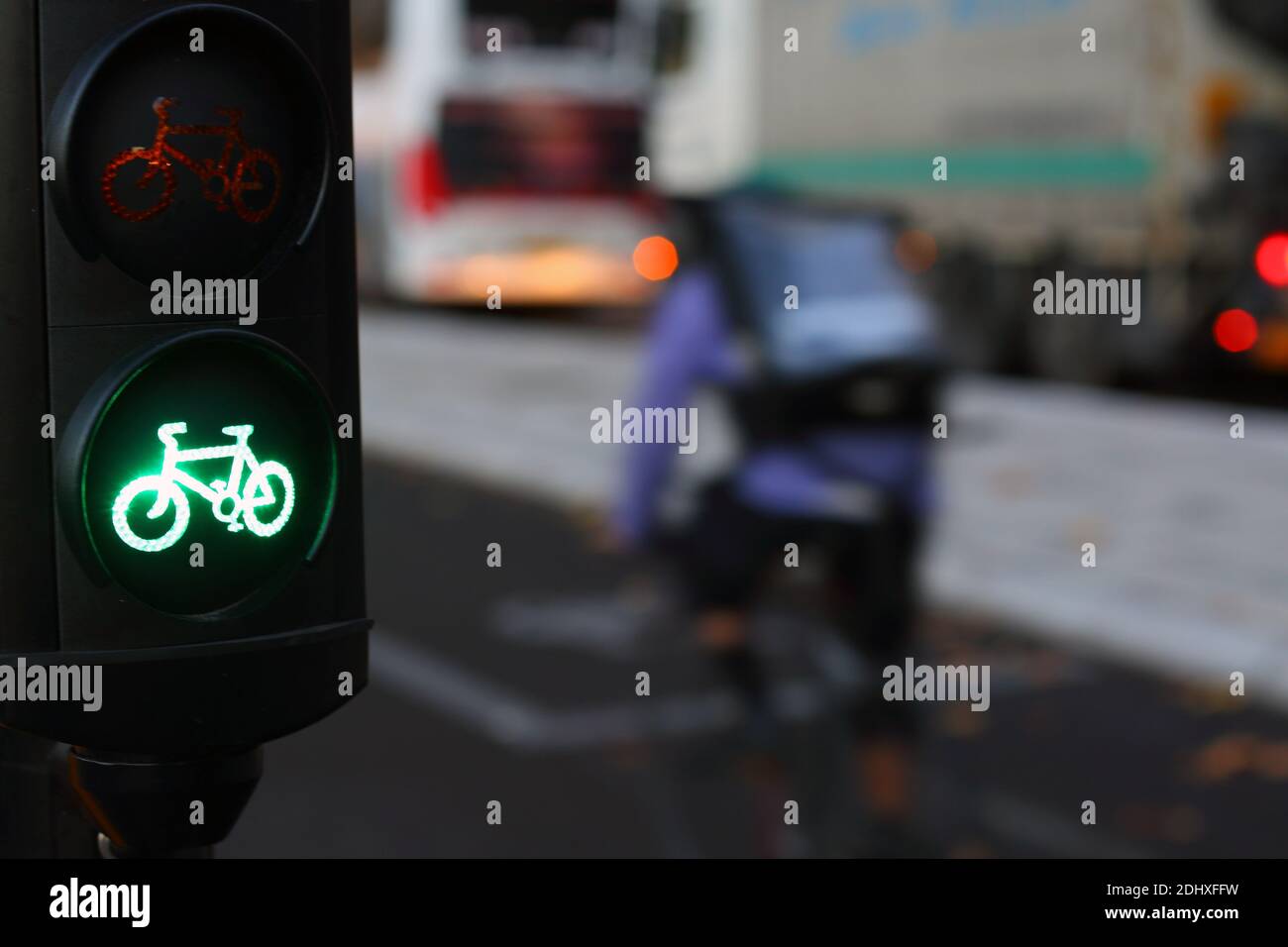 Sustainable transport. Bicycle traffic signal, green light, road bike ...