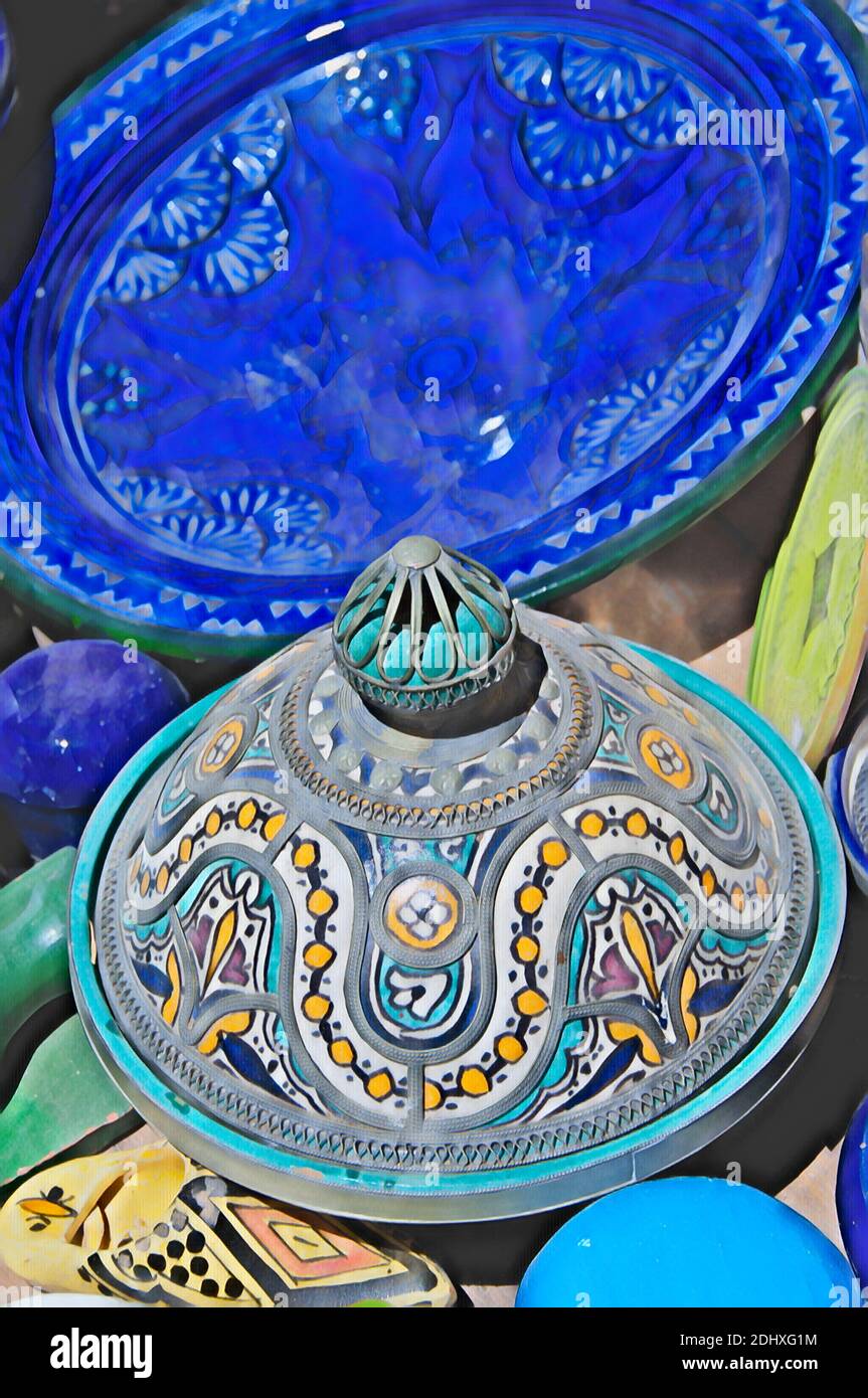 Morocco, Tetouan. Historic medina bazaar. Traditional ceramic tajin ...