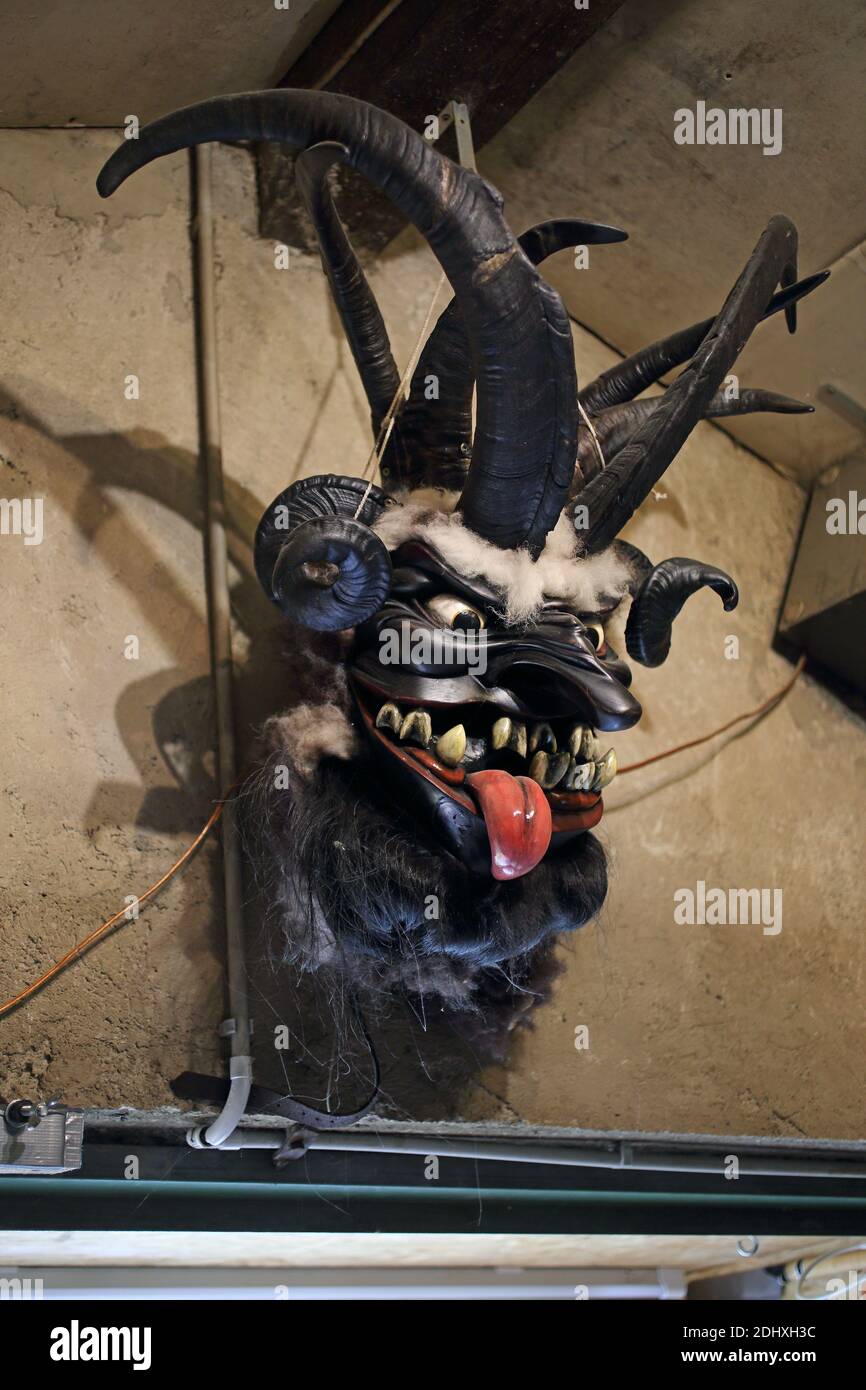 Krampus or devil mask, carved wooden mask, Austria Stock Photo - Alamy