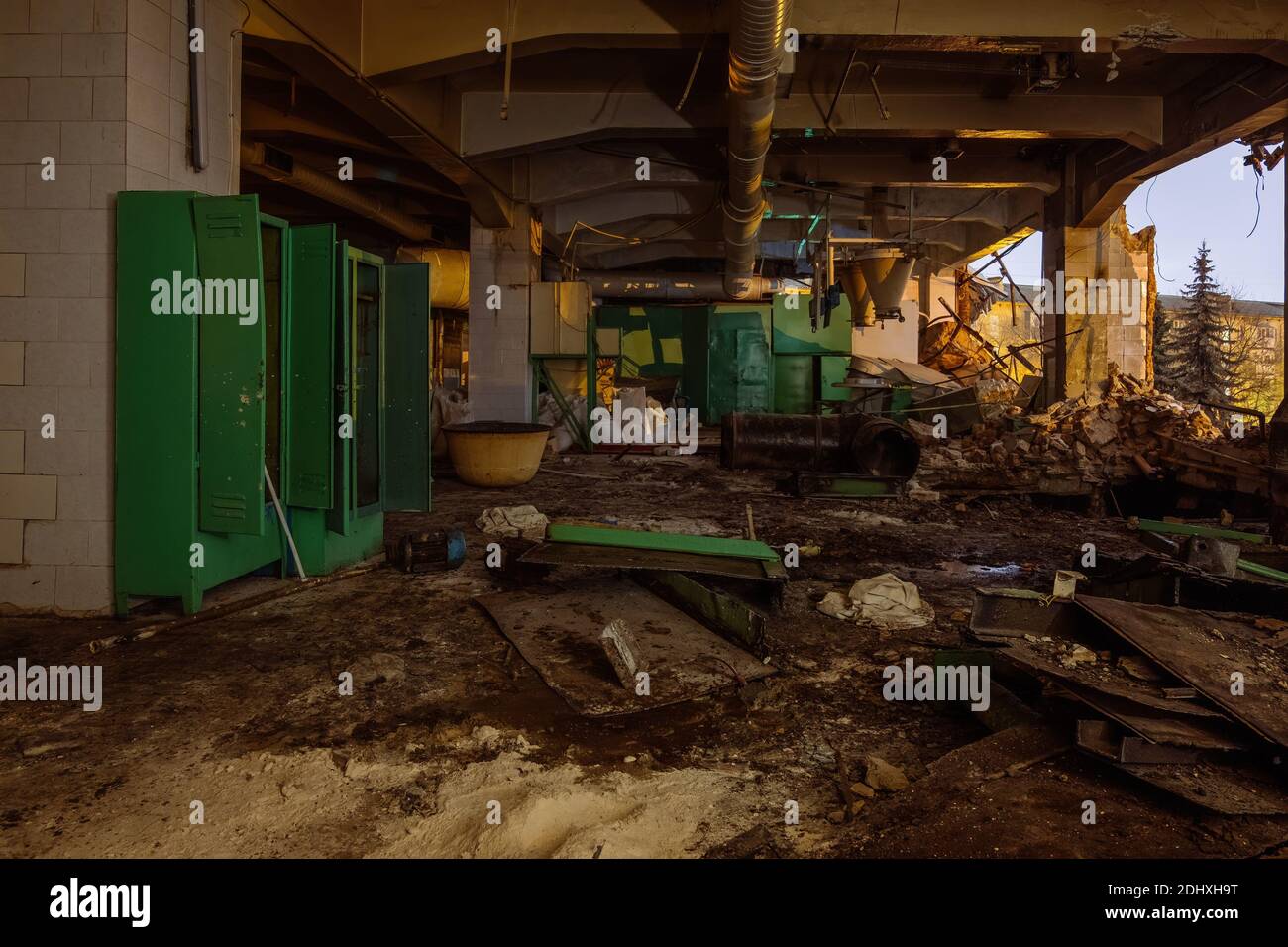 Ruined factory interior. Consequences of disaster, war or demolition ...
