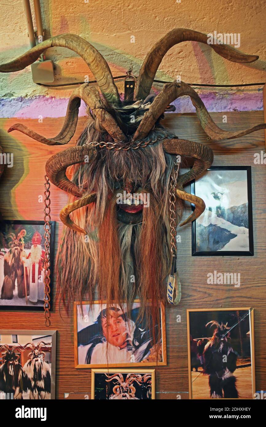 Krampus or devil mask, carved wooden mask, Austria Stock Photo - Alamy