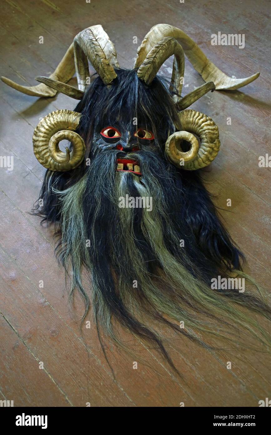 Krampus or devil mask, carved wooden mask, Bad Gastein , Austria Stock ...