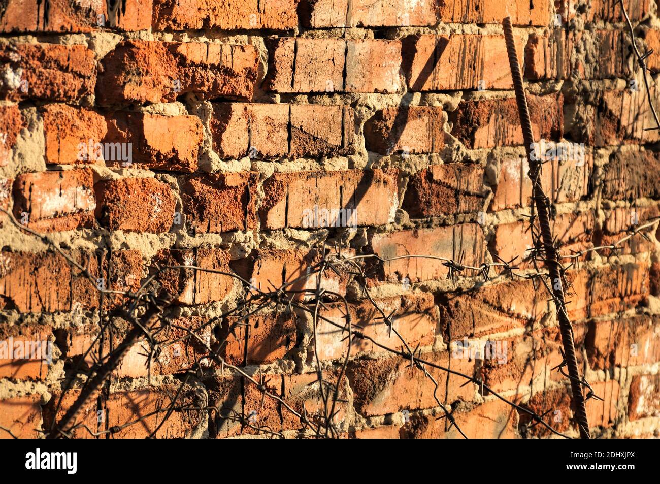part of a crumbling brick wall covered with barbed wire Stock Photo - Alamy