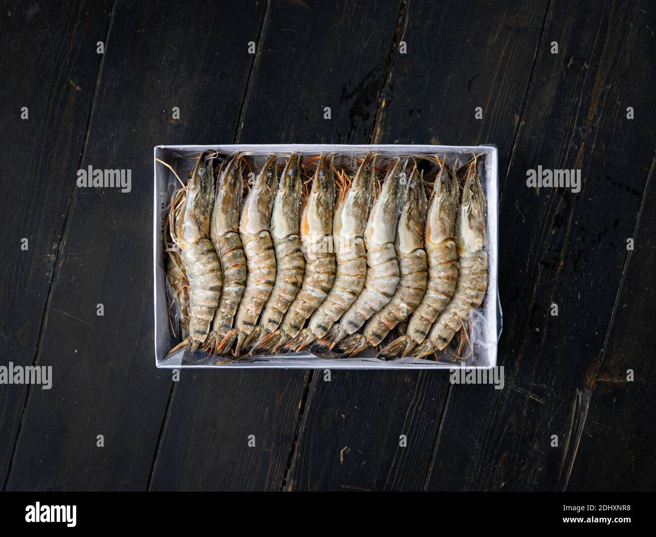 Fresh tiger shrimps packing in box . Seafood, top view Stock Photo - Alamy